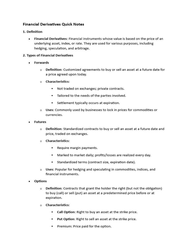Financial Derivatives Quick Notes | PDF | Derivative (Finance) | Option ...