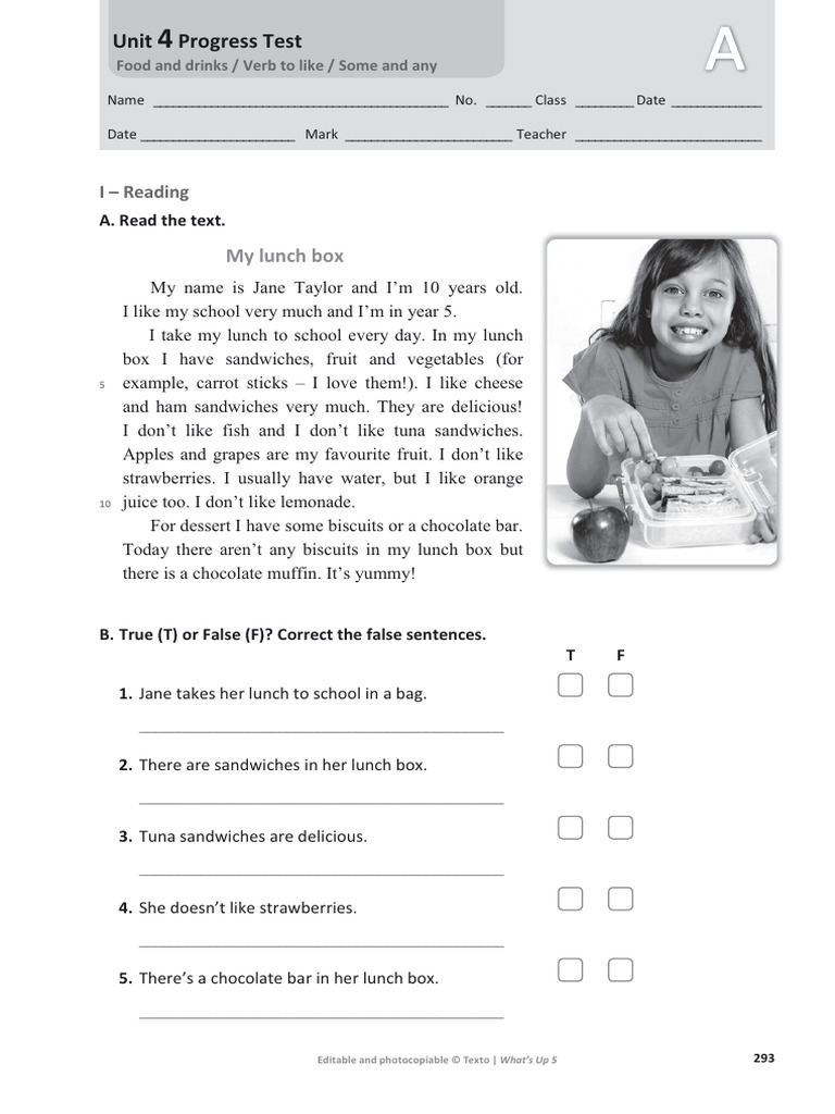 What's Up 5 - Progress Test - Unit 4 - A | PDF | Lunch | Juice
