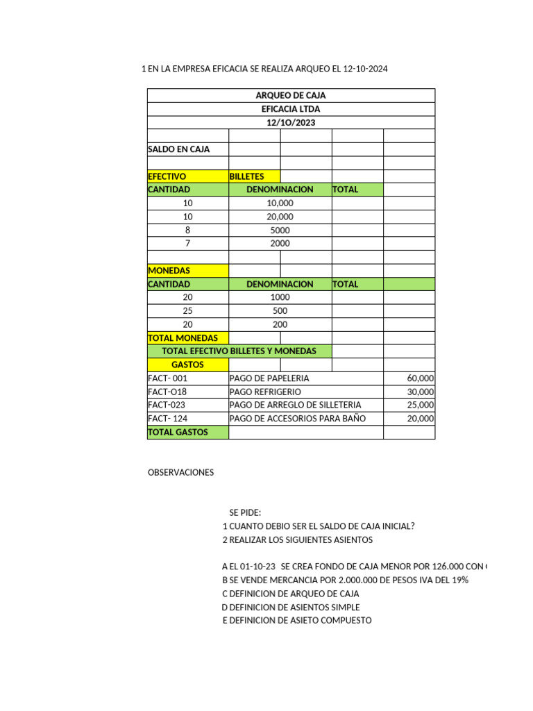 Ejercicio Actividad 1 Del 3 Corte Arqueo de Caja y Asientos Simples y ...