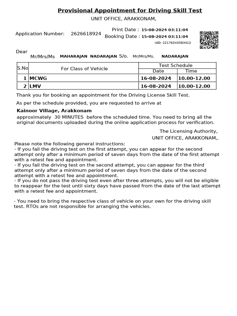 Driving Skill Test Appointment Notice | PDF