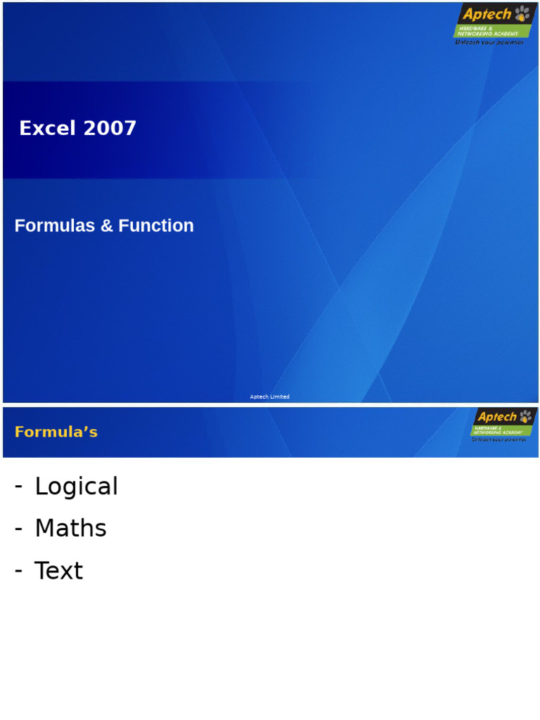 Excel 2007: Formulas & Function | PDF | Spreadsheet | Function (Mathematics)