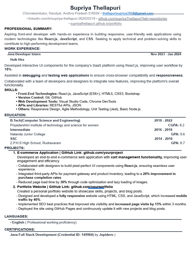 Proper ATS Resume Supriya | PDF | Java Script | Web Development