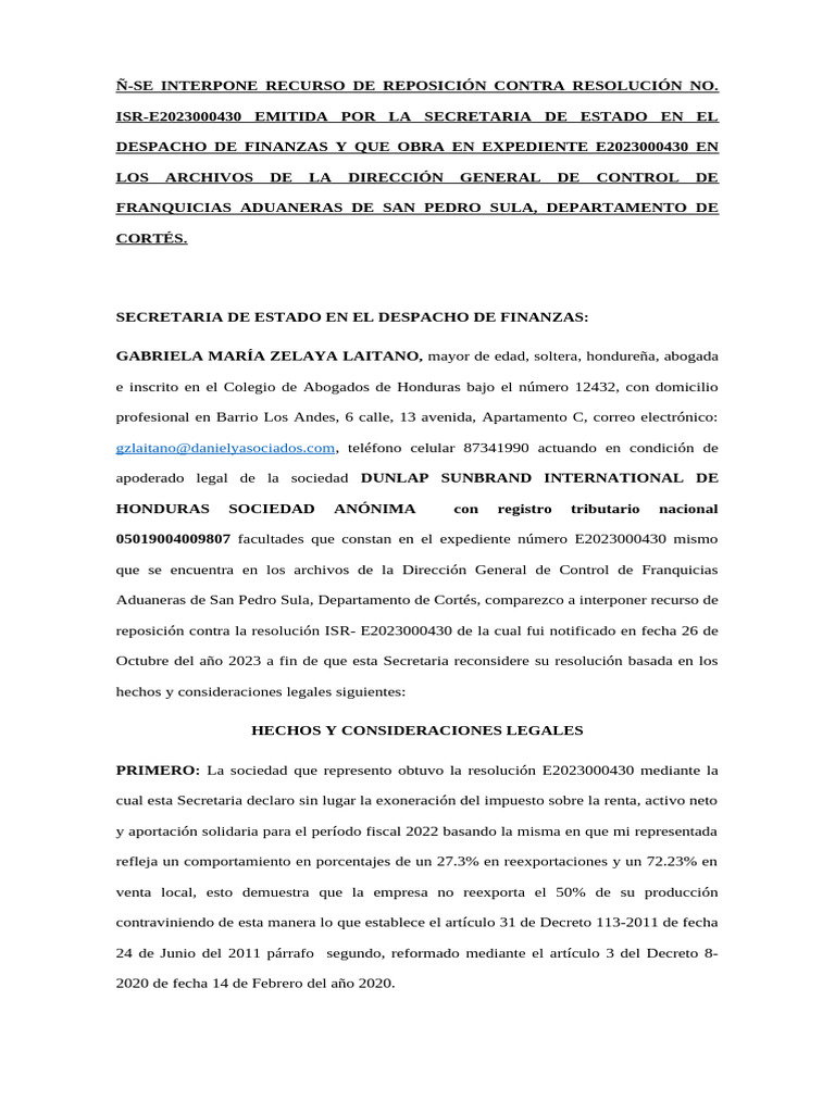 RECURSO DE REPOSICIÓN DUNLAP SUNBRAND | PDF | Honduras | Gobierno