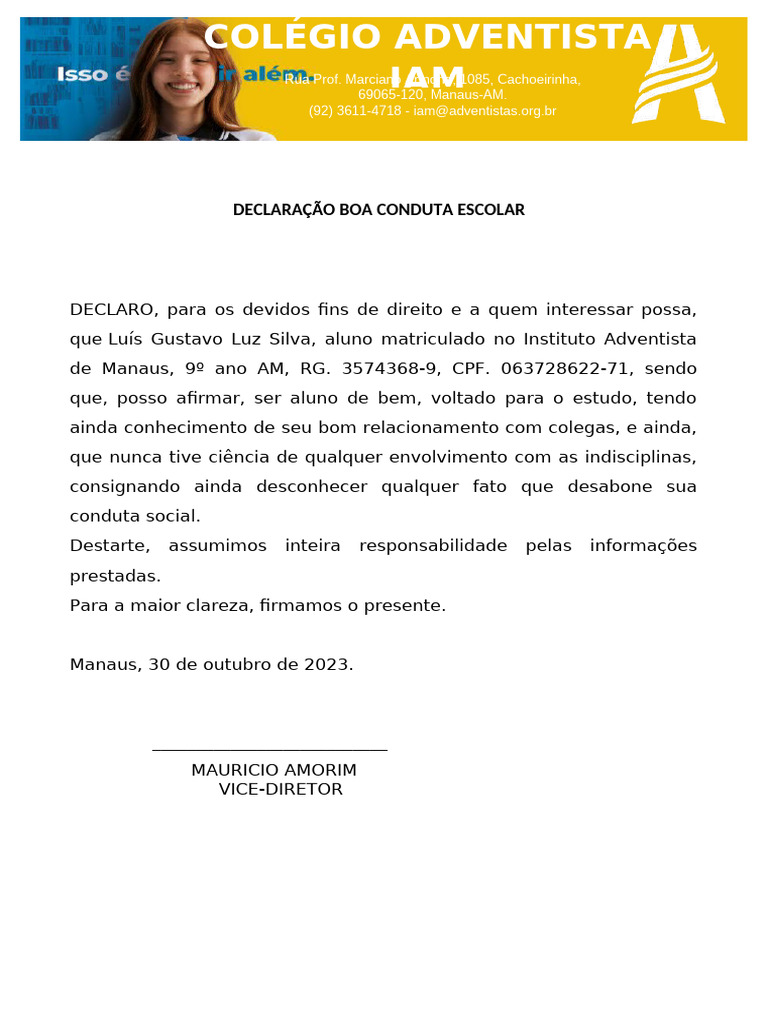 DECLARAÇÃO DE BOA CONDUTA ESCOLAR | PDF