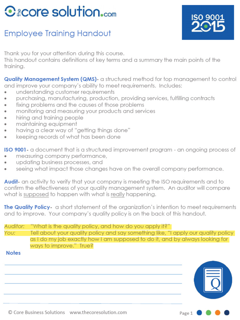 ISO Employee Training Handout | PDF | Quality Management System ...