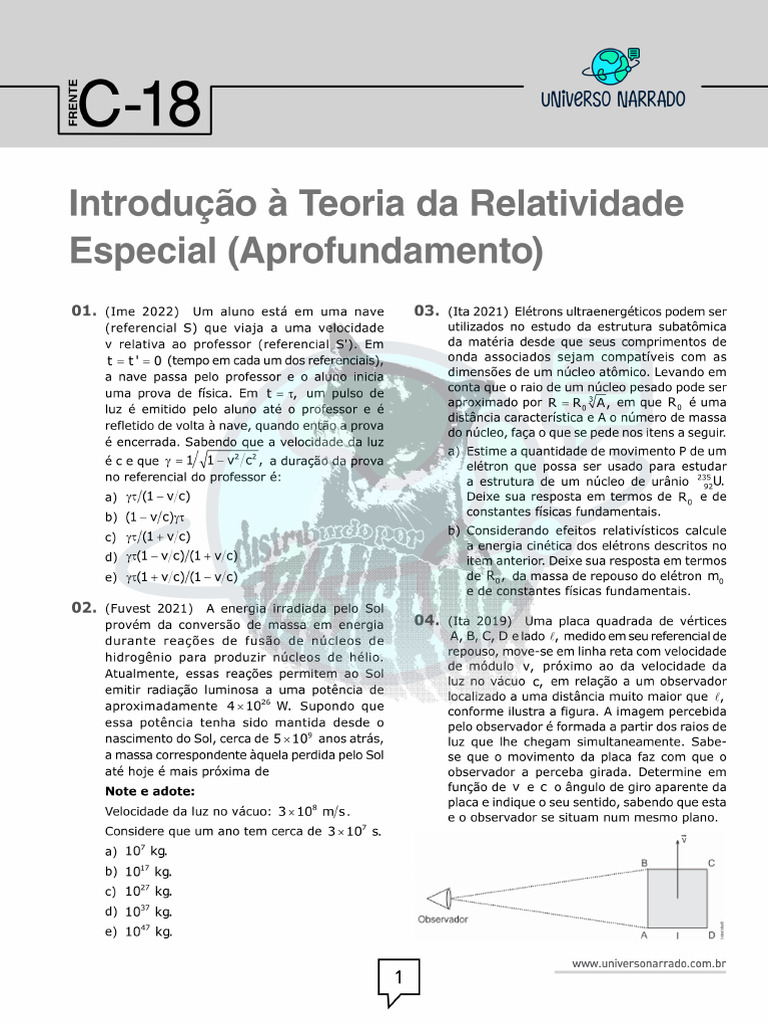 C18 - Exercícios - Militares | PDF | Relatividade restrita | Massa