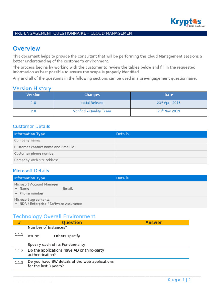 Pre-Engagement Questionnaire - Cloud ManagementV2.0 | PDF | Cloud Computing | Software