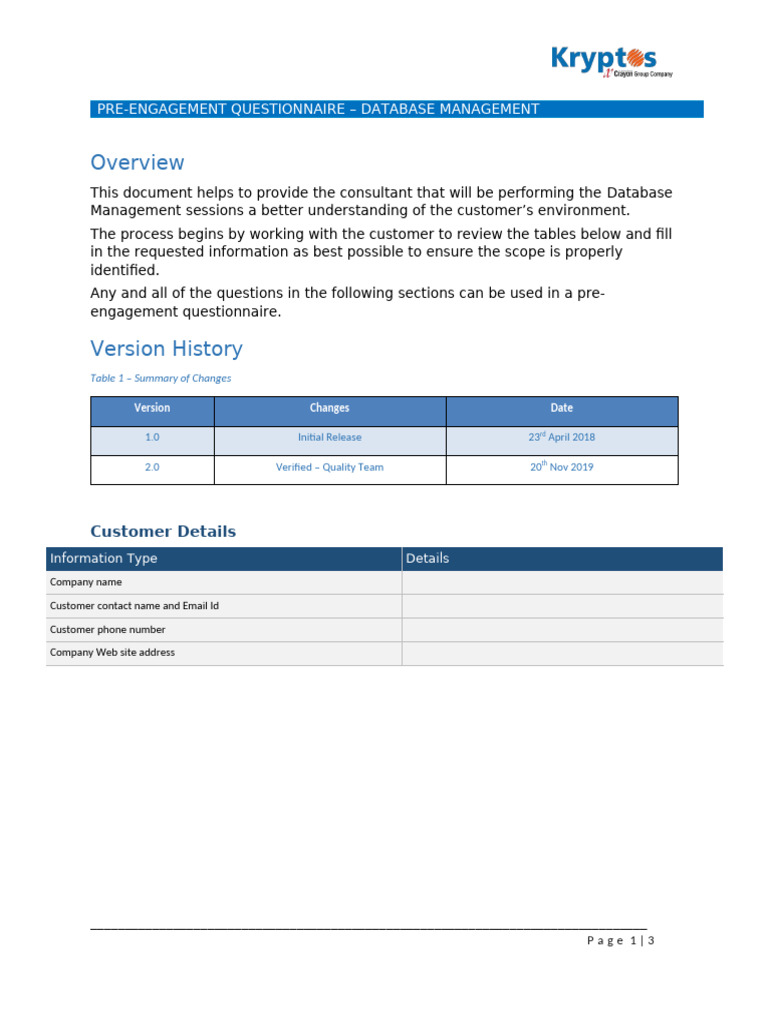 Pre-Engagement Questionnaire Database Management V2.0 | PDF | Databases | Data