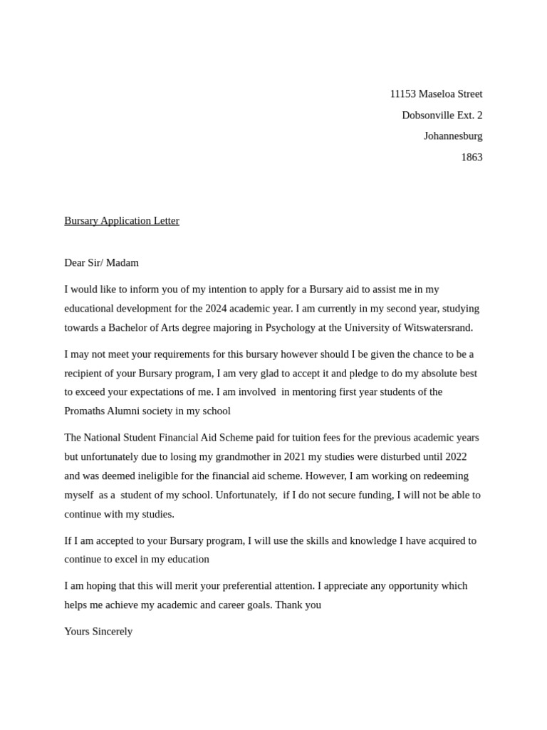 Bursary Application Letter by Nomahlubi Gumede | PDF