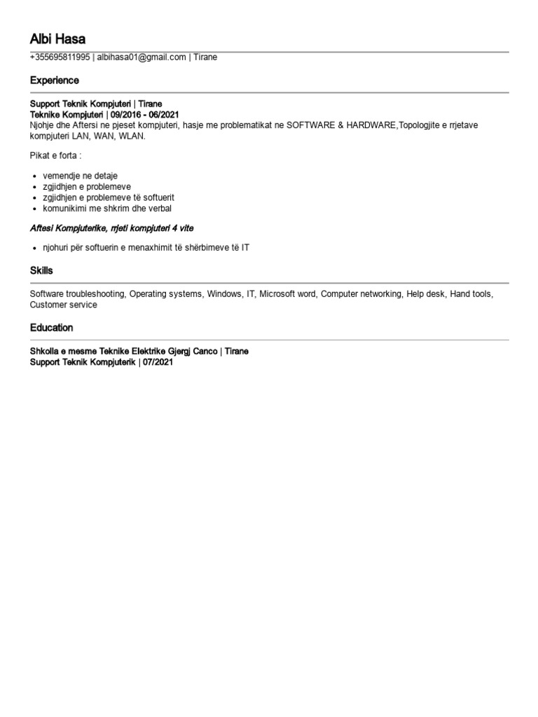 Albi Hasa: Experience | PDF