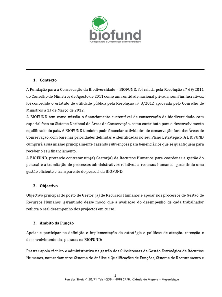 Vaga: Gestor(a) de Recursos Humanos BIOFUND | PDF | Gestão de recursos ...