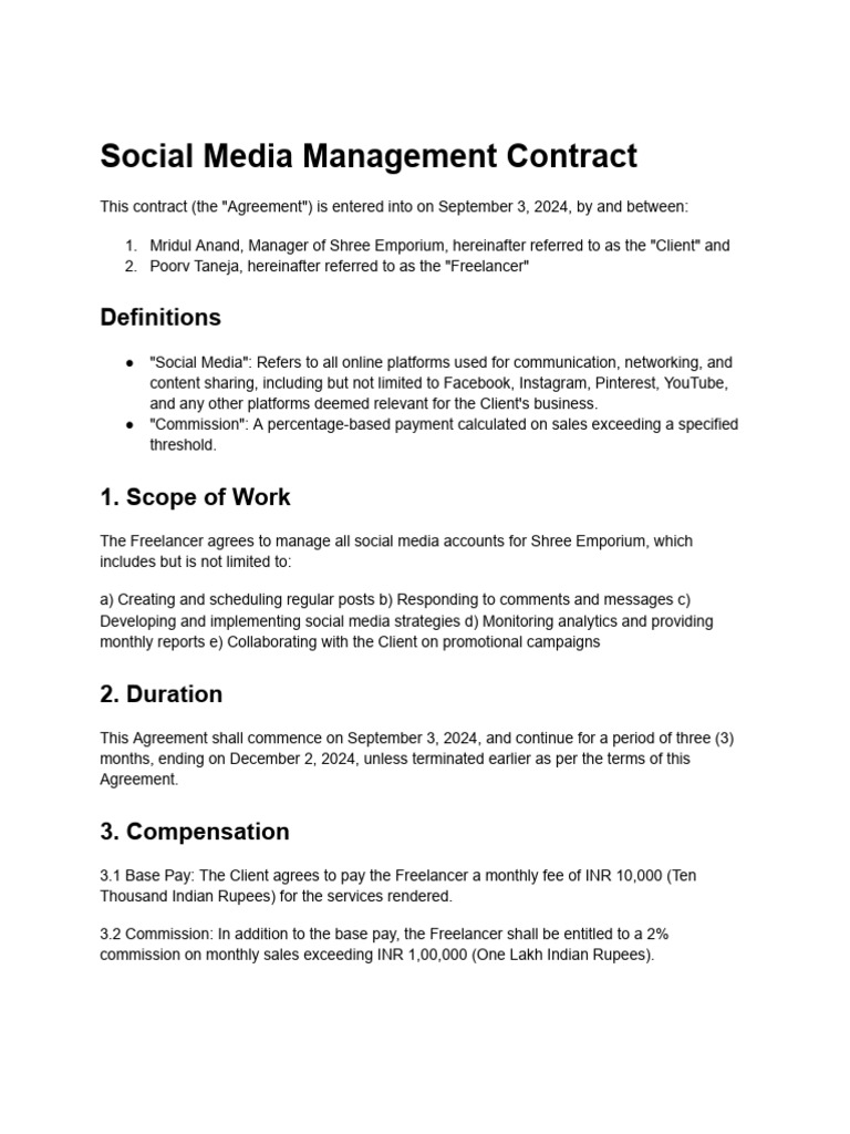 Social Media Management Contract | PDF | Freelancer | Employment