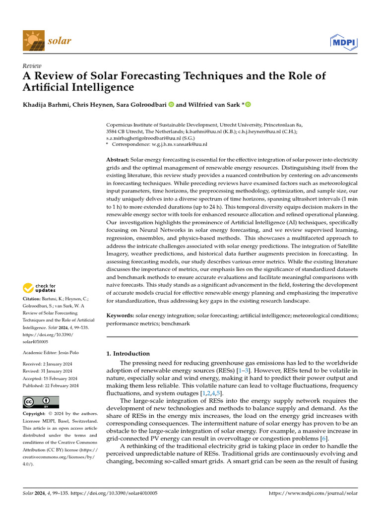 A Review of Solar Forecasting Techniques and The Role of Artificial Intelligence | PDF ...
