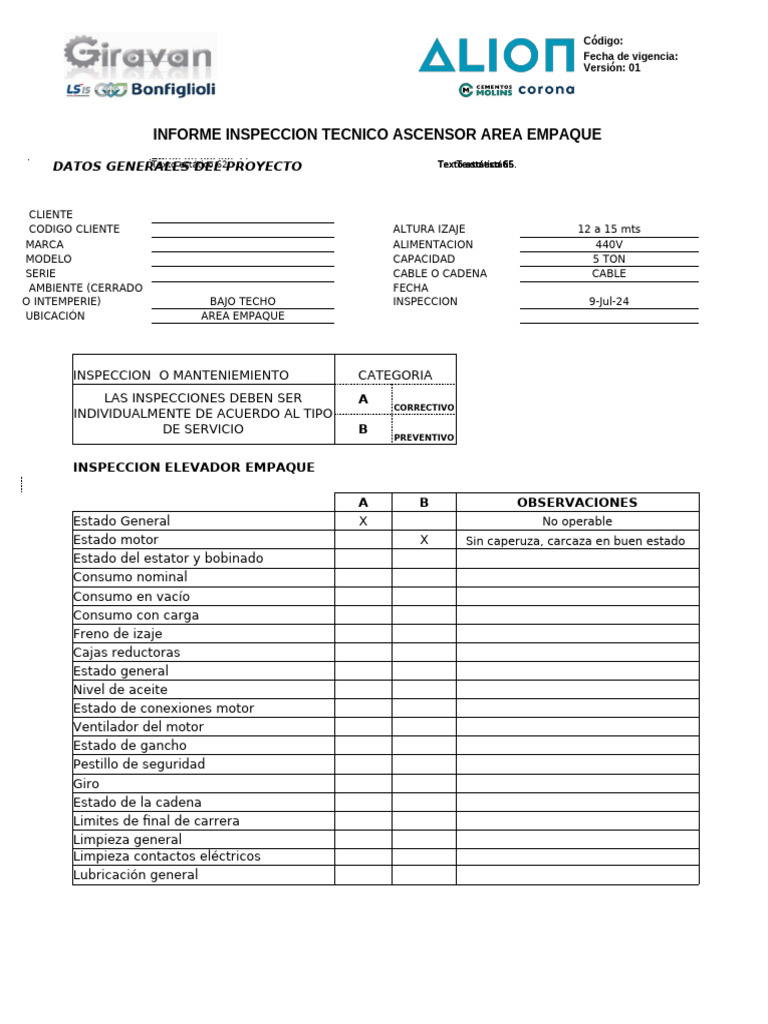 Informe Tecnico Inspeccion Elevador | PDF | Ascensor | Bienes manufacturados