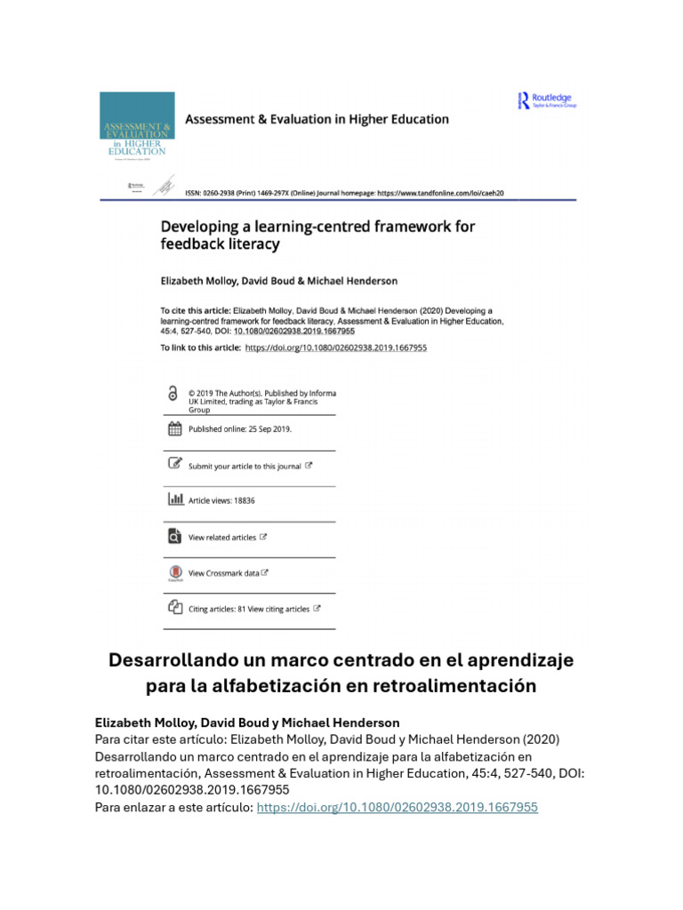 Molly - Boud - Henderson (2020) - Desarrollando Un Marco Centrado en El Aprendizaje para La ...