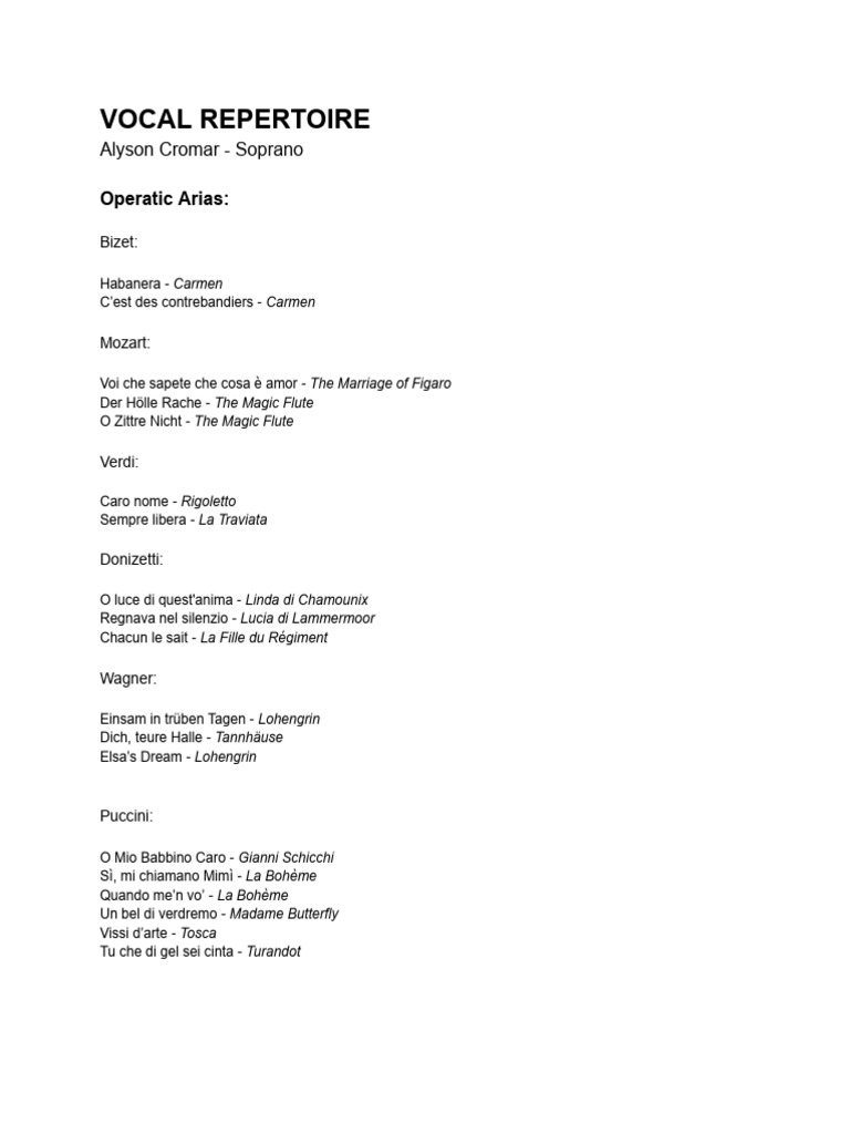Alyson Cromar's Vocal Repertoire List | PDF | Classical Music | Vocal Music