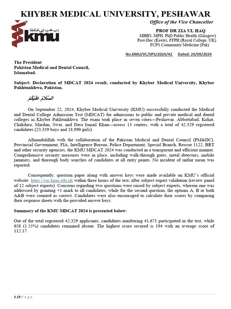 KMU MDCAT - Summary Report 24 | PDF | Khyber Pakhtunkhwa | Qualifications
