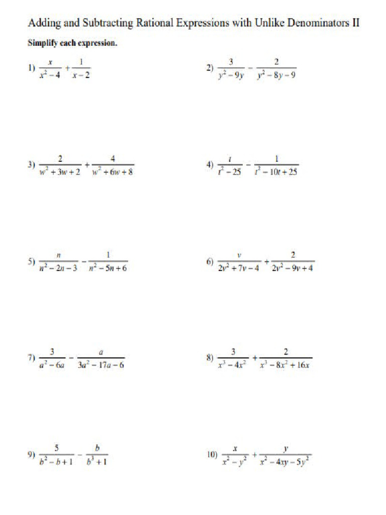 Adding and Subtracting RAE With Unlike Denominators | PDF