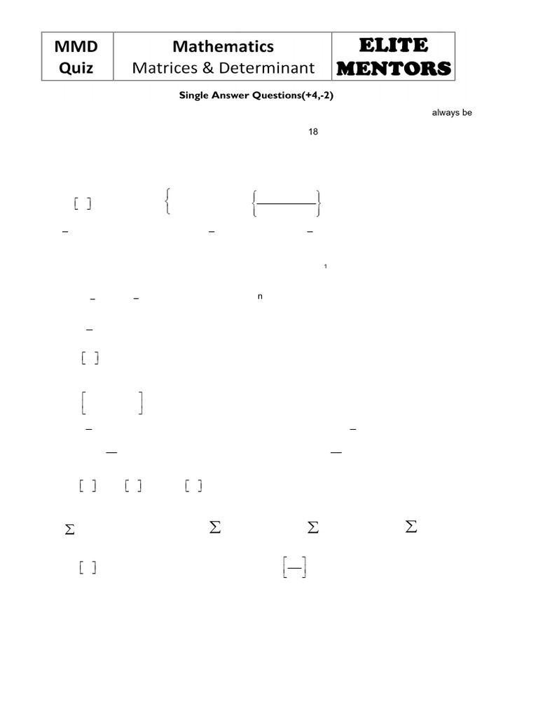 Matrices and Determinants Mock Test | PDF | Matrix (Mathematics ...