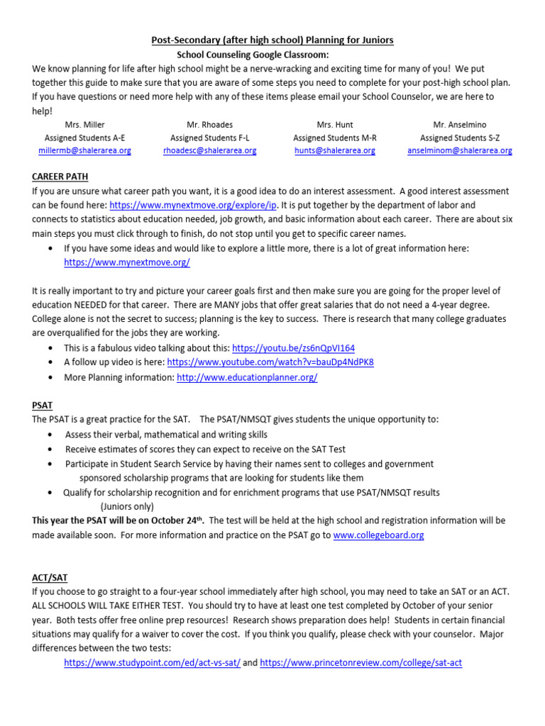 Post-High School Planning Guide for Juniors | PDF | Student Financial ...