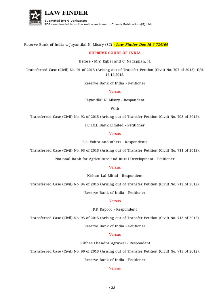 RBI Vs Jayantilal Mistry - RTI Case SC | PDF | Fiduciary | Reserve Bank ...