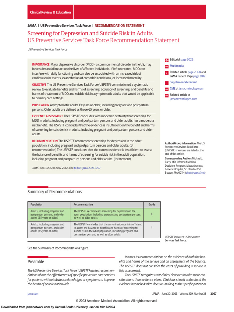 Screening For Depression and Suicide Risk in Adults - US Preventive ...