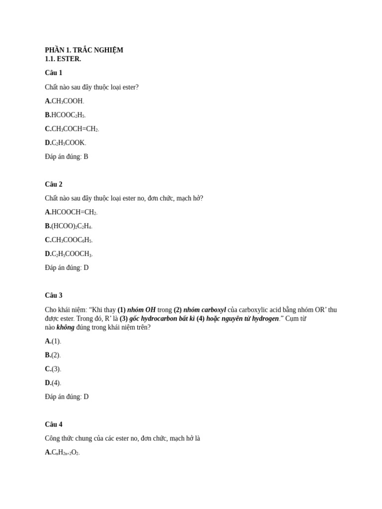 Đáp Án Hóa1 | PDF