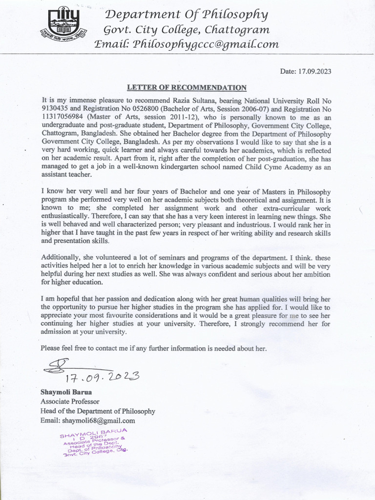 Razia Recommendation Letter 1 | PDF