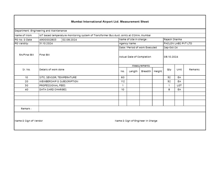 Measurement Sheet-Faclon Labs | PDF