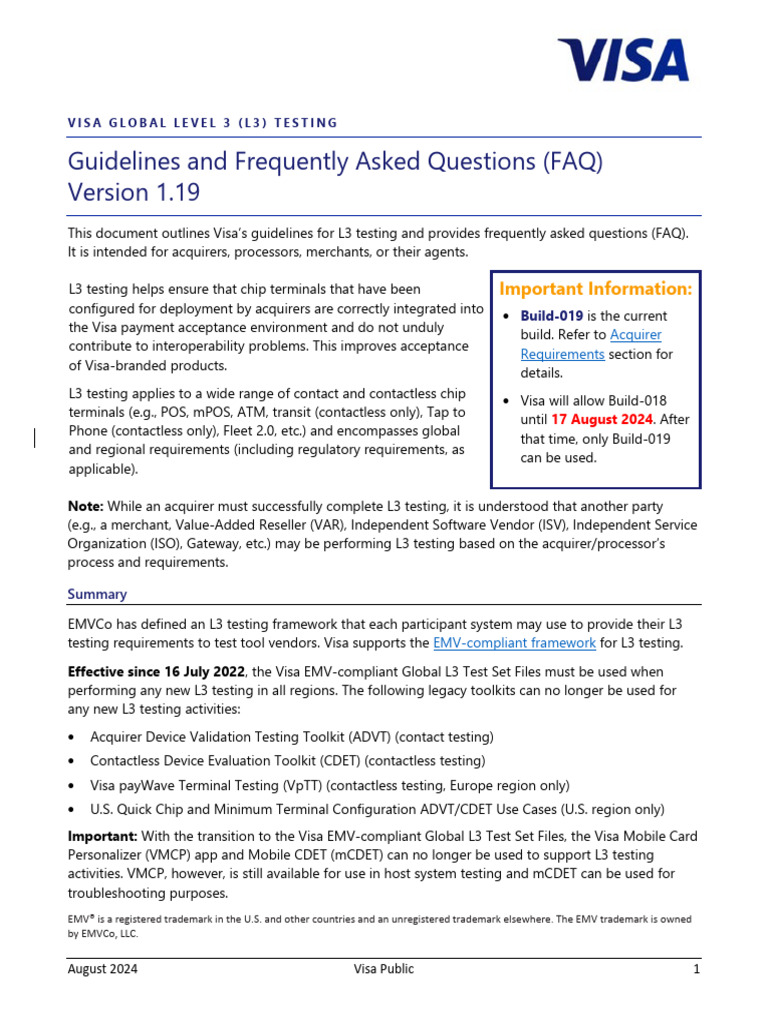 Visa Global Level 3 L3 Testing Guidelines and FAQ Version 1.19 - Build ...