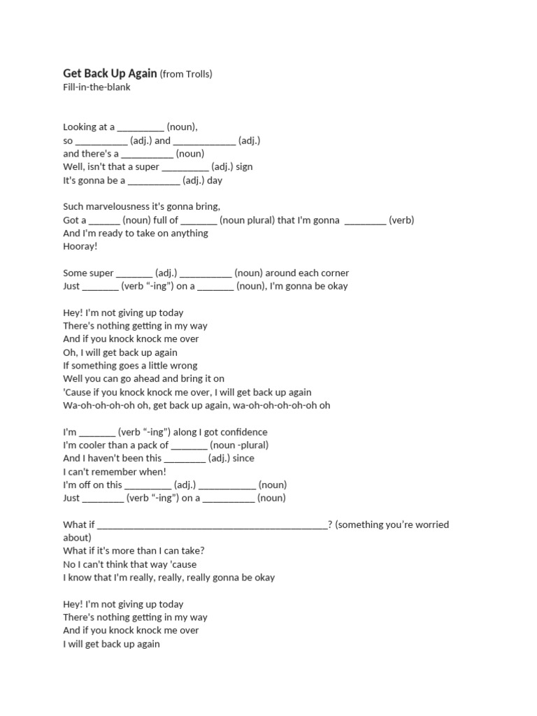 Get Back Up Again Fill-In-The-Balnk | PDF