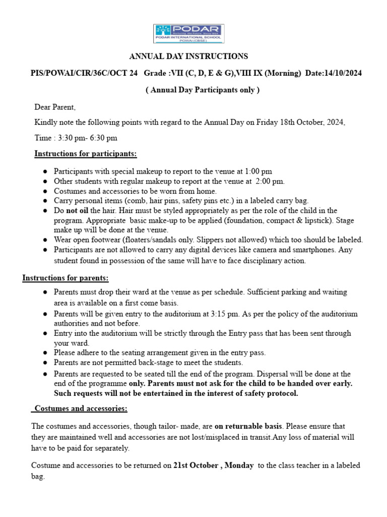 Annual Day Instructions Circular 7-9 (Participants) | PDF