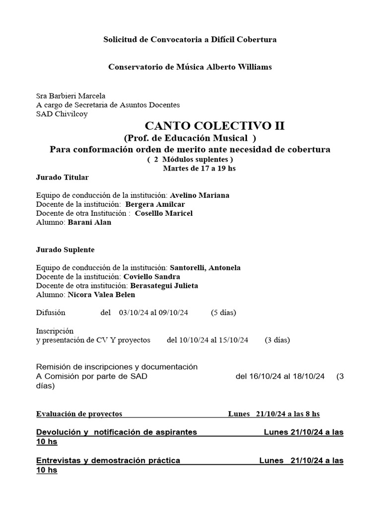 Convocatoria Canto Colectivo II Conservatorio | PDF | Plan de estudios ...