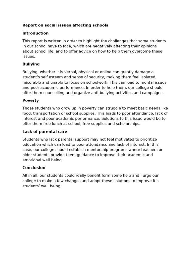 Report On Social Issues Affecting Schools | PDF