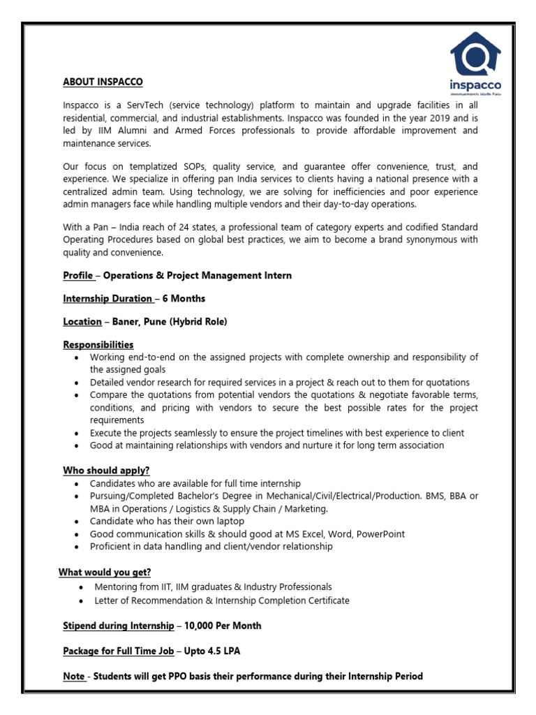 Inspacco - Full Time Internship + PPO - Operations & Project Management ...