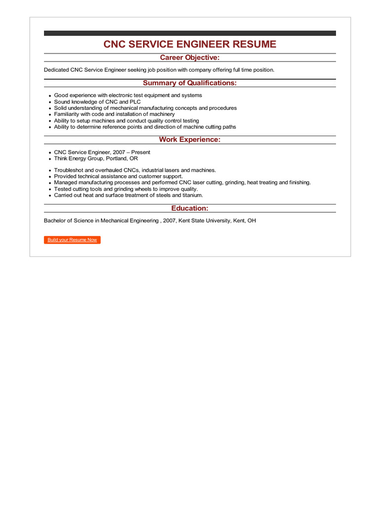 CNC Service Engineer Resume | PDF | Technology & Engineering