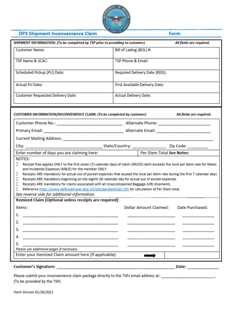 DP3 Shipment Inconvenience Claim Form | PDF | Per Diem