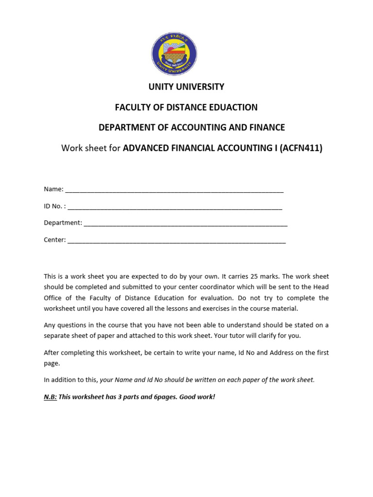 Advanced Financial Accounting Worksheet | PDF | Balance Sheet | Equity ...