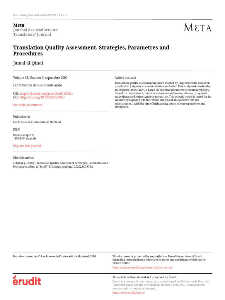 Translation Quality Assessment. Strategies, Parametres and | PDF ...