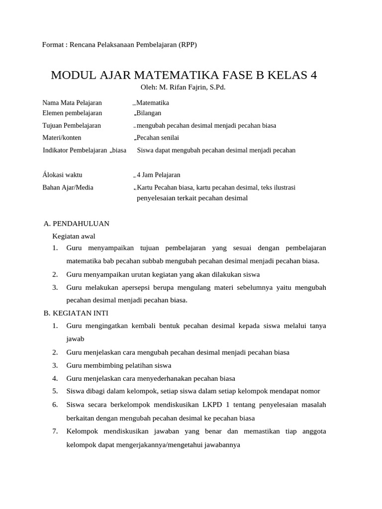 Modul Ajar Matematika Kelas 4 BAB 4 Bilangan Pecahan | PDF