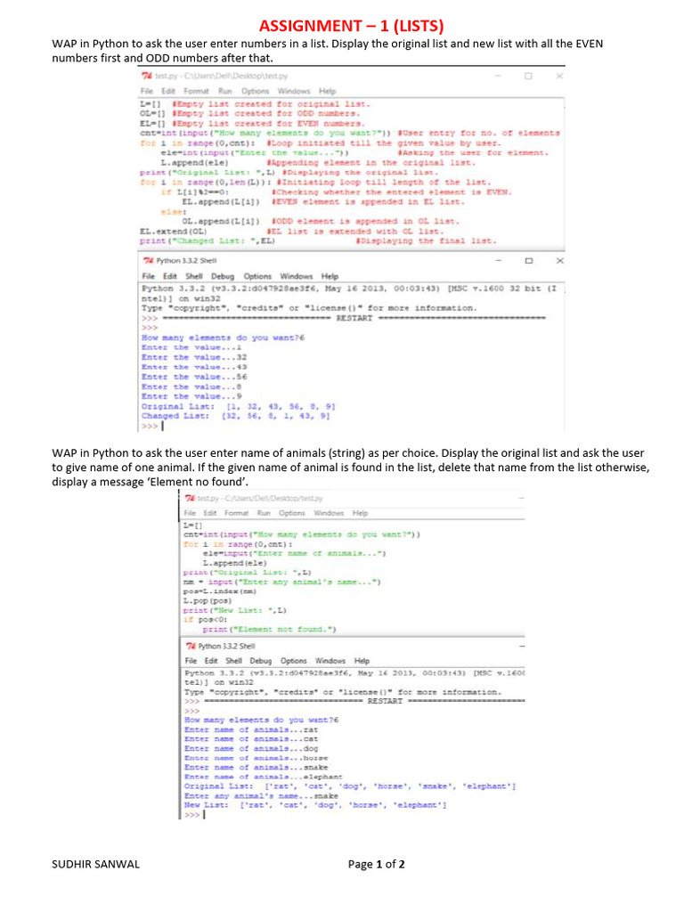 Assignment 1 (Lists) | PDF