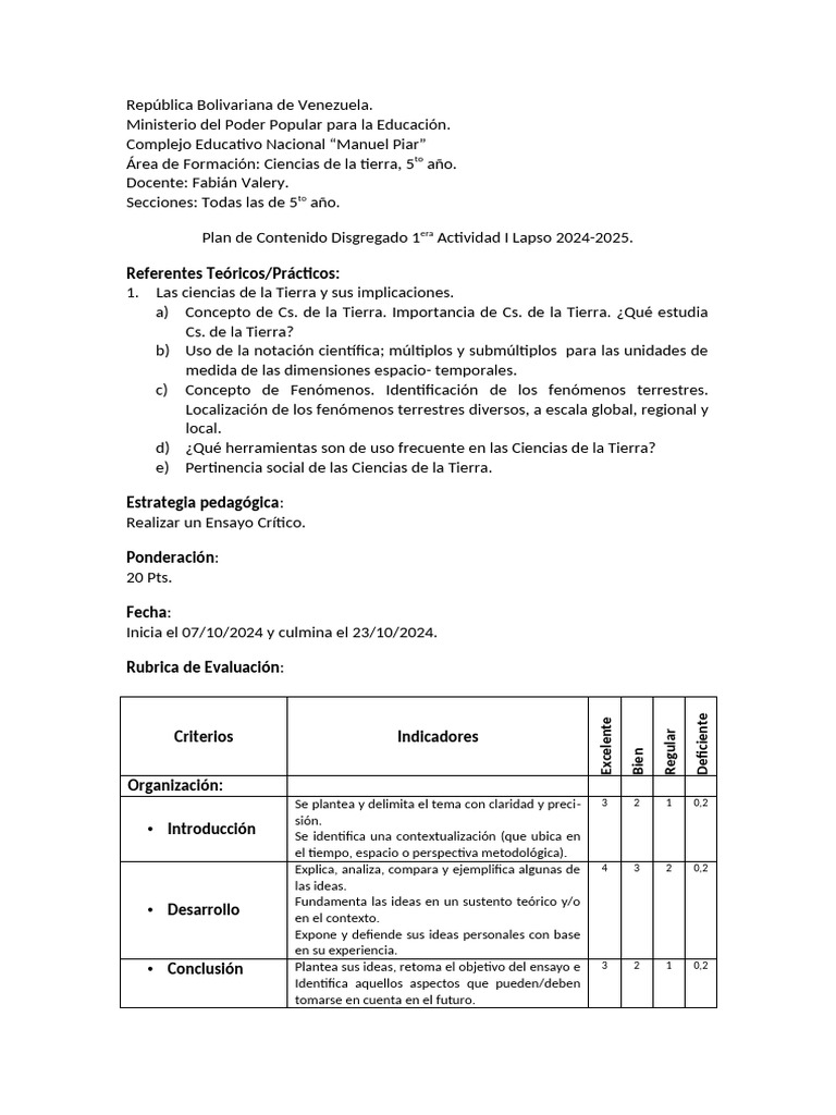 Plan de Contenido Disgregado 1era Actividad Cs de La Tierra-Fabian ...