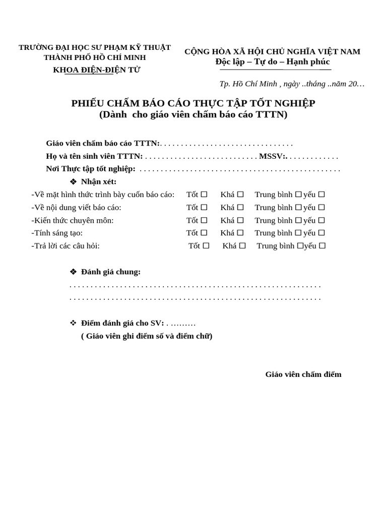 Phieu Cham TTTN Cua GV Cham Bao Cao TTTN | PDF