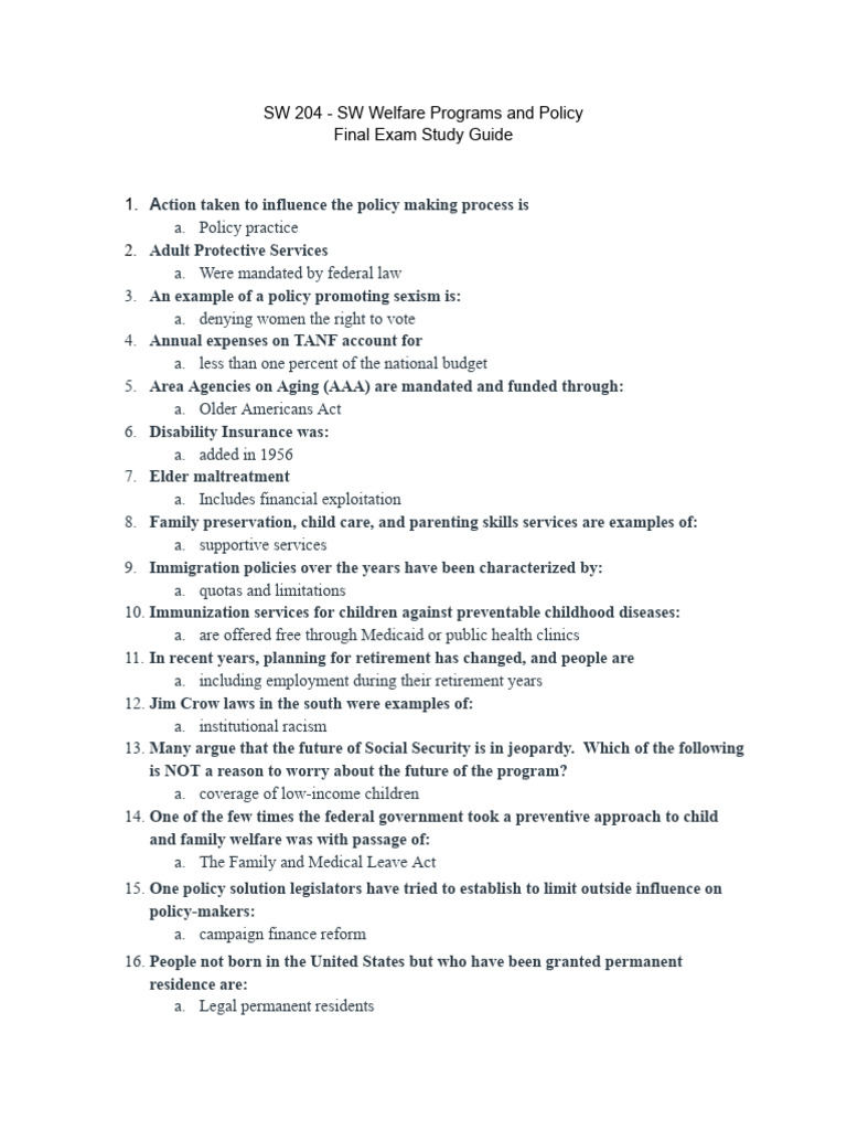SW 204 - SW Welfare Programs and Policy Final Exam Study Guide | PDF ...