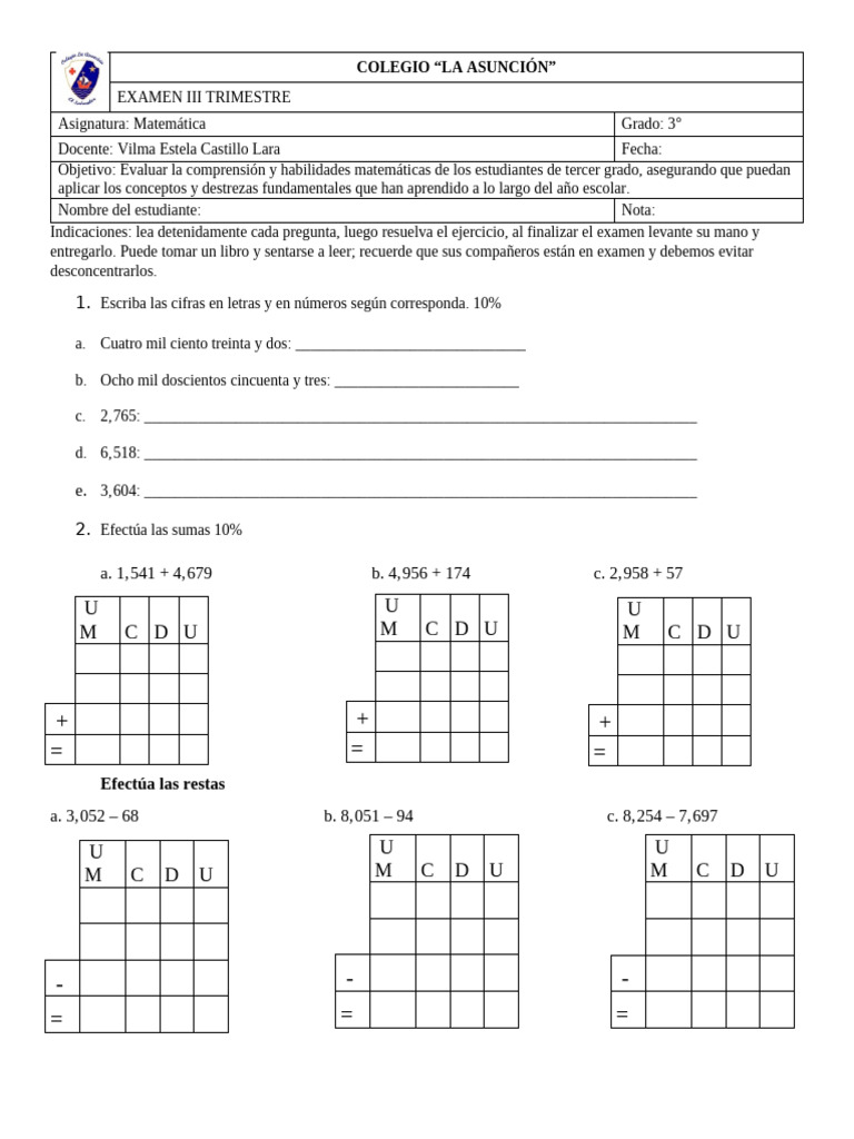 Examen de Matemáticas 3° Grado | PDF