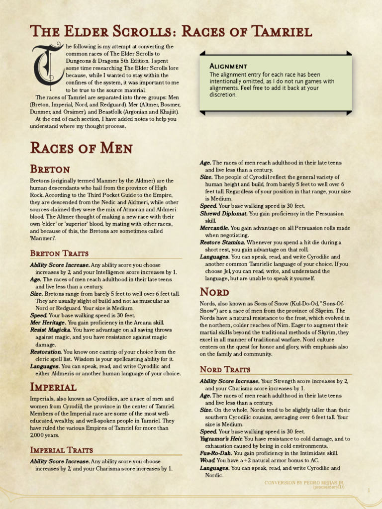 The Homebrewery - The Elder Scrolls - Races of Tamriel | PDF | Elf ...