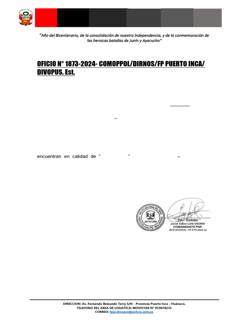 OFICIO #1873-2024. - REMITE INFORME #041-2024 RESPECTO A SITUACION DE HOJAS DE TRAMITE ...