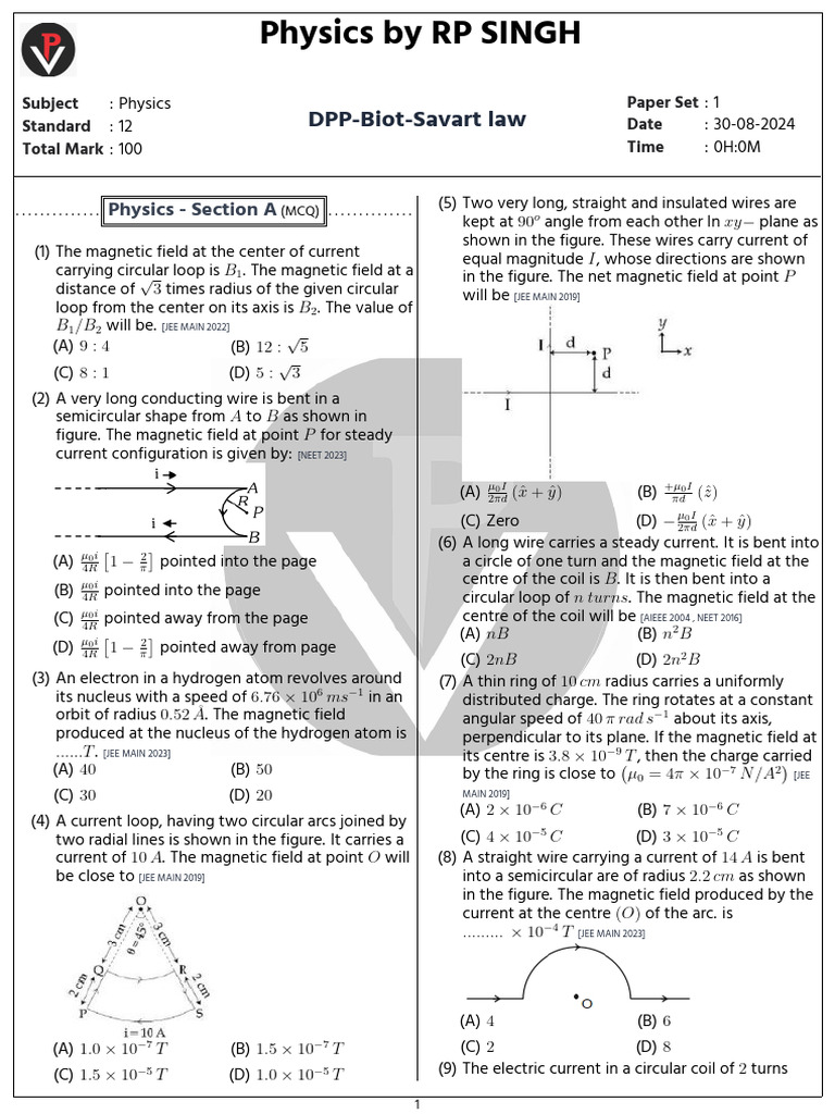 DPP-Biot-Savart Law 1724988941 | PDF | Magnetic Field | Inductor