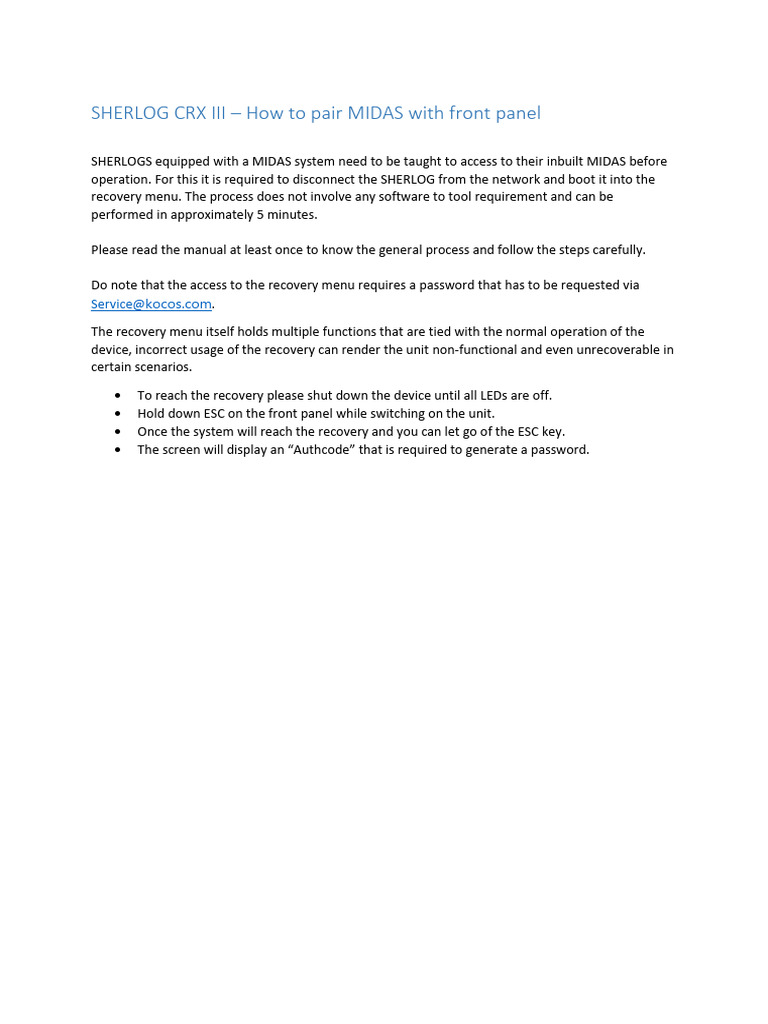 SHERLOG CRX III How To Pair MIDAS | PDF