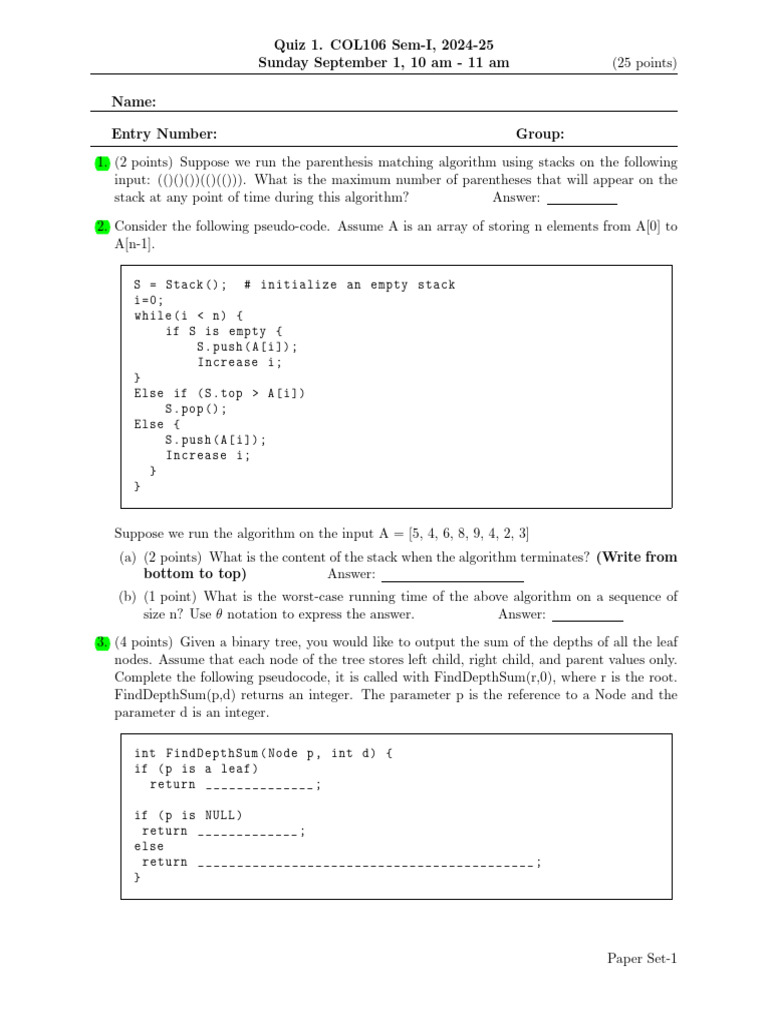 Quiz1_set1 | PDF | Theoretical Computer Science | Algorithms